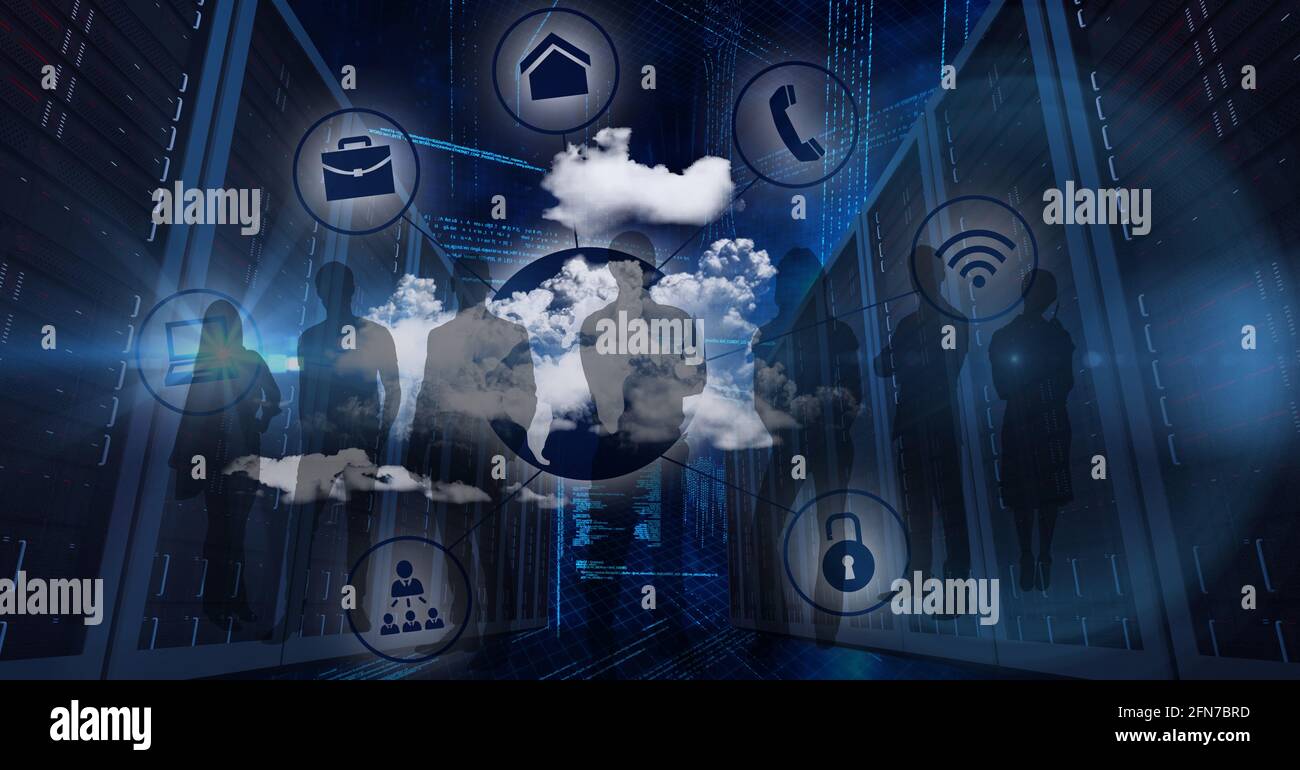 Composition of online digital icons over people silhouettes and ...