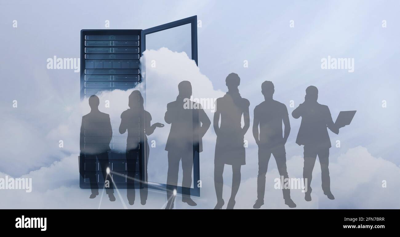 Composition of network of people silhouettes and computer server Stock ...