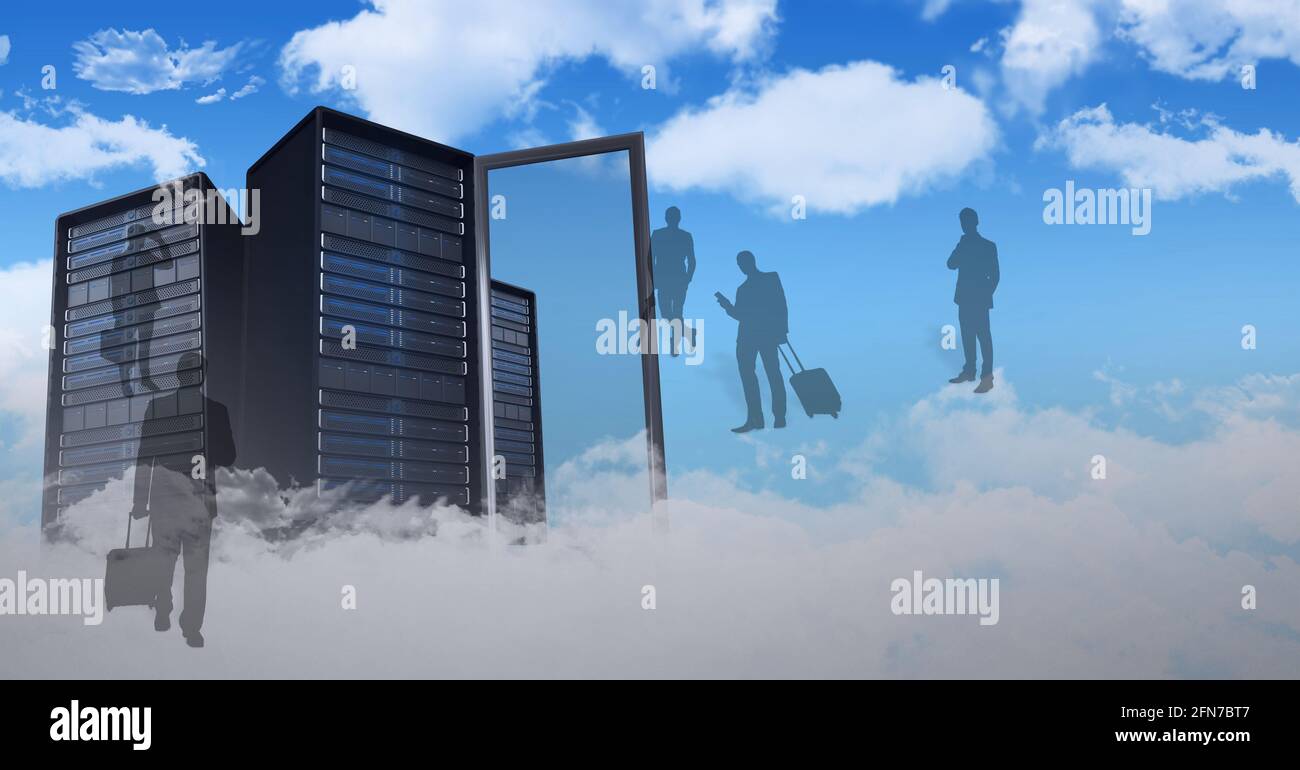 Composition of network of people silhouettes and computer servers Stock ...