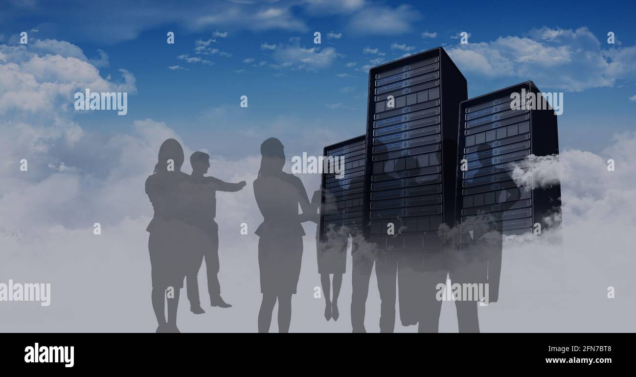 Composition of network of people silhouettes and computer servers Stock ...