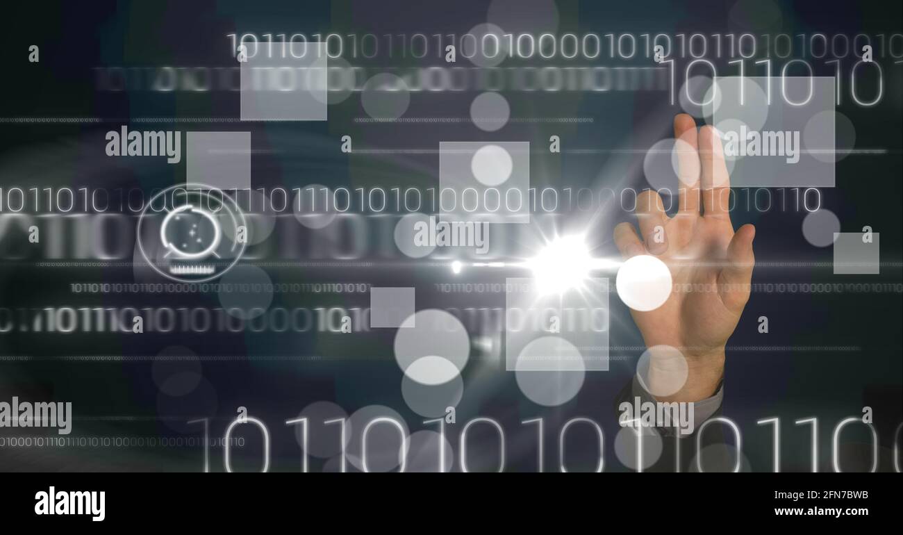 Composition of data processing and digital icons over caucasian hand ...