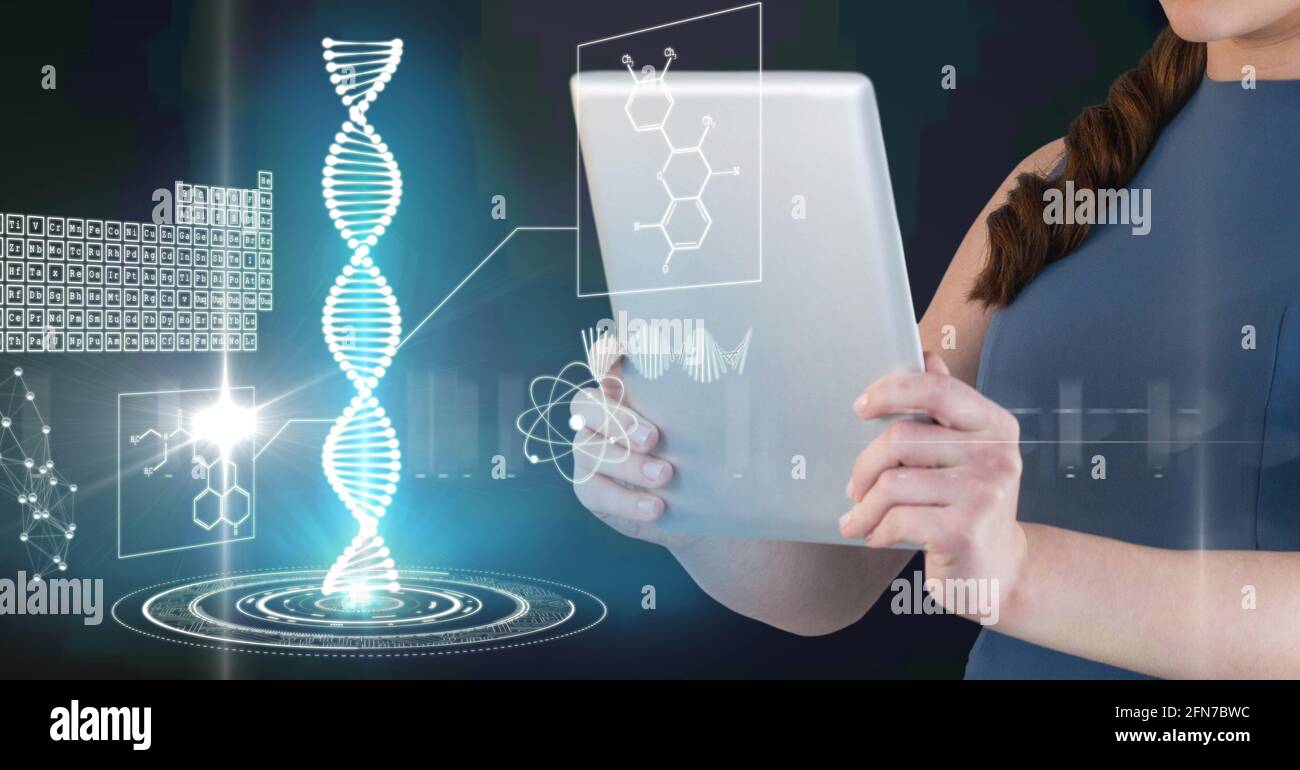 Composition of digital chemical icons over caucasian businesswoman with ...