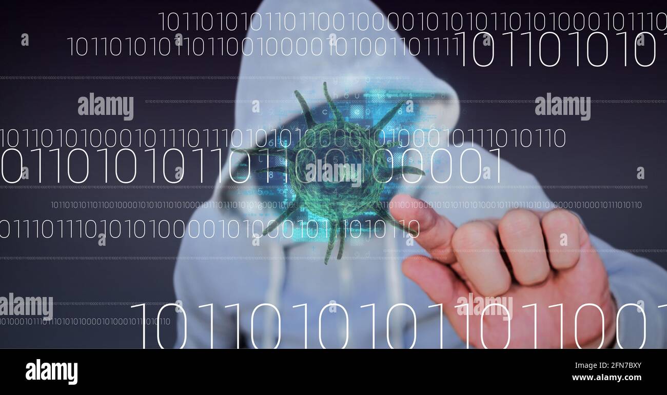 Composition of hacker touching covid 19 virus cell and binary coding data processing. global ...