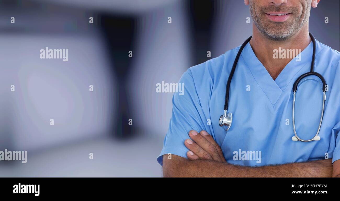 Composition of midsection of male surgeon in scrubs and stethoscope ...