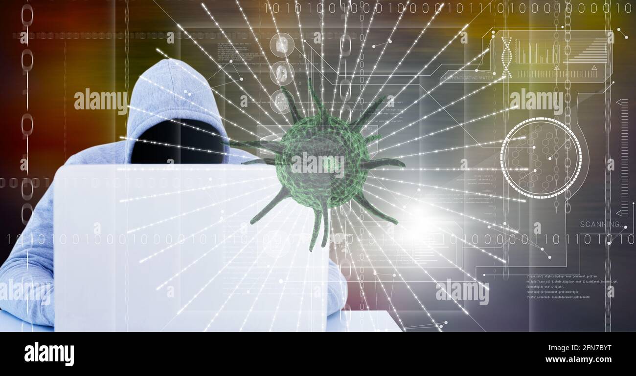 Composition of covid 19 virus cell and binary coding data processing over hacker using laptop ...