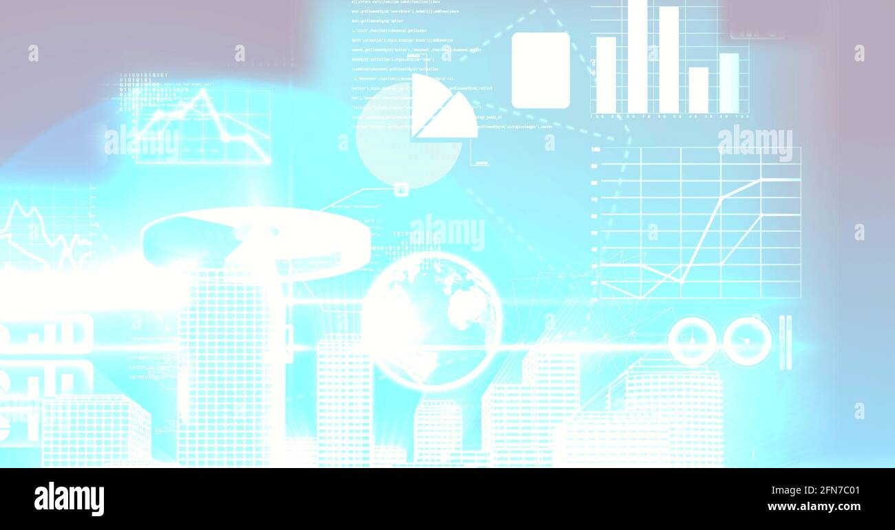 Composition of digital data processing over glowing blue background ...