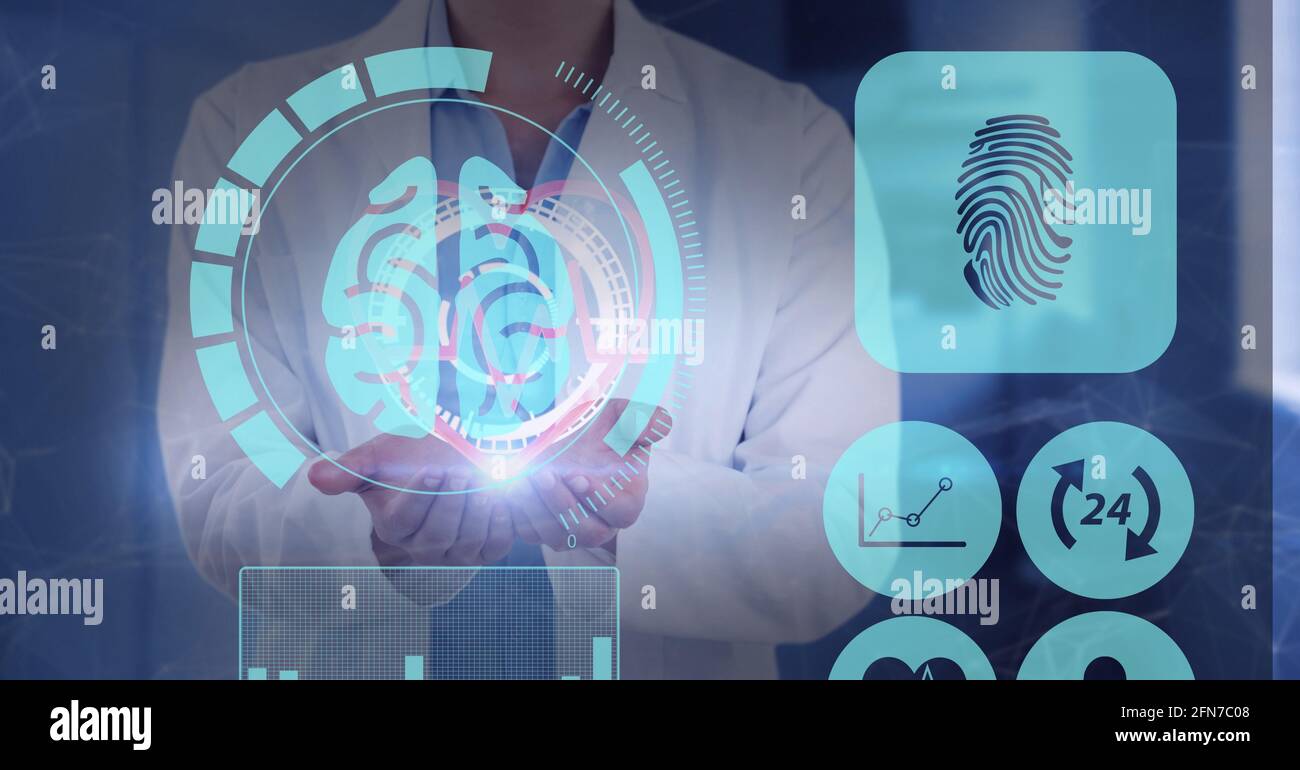 Composition of medical icons over female doctor holding virtual scope ...