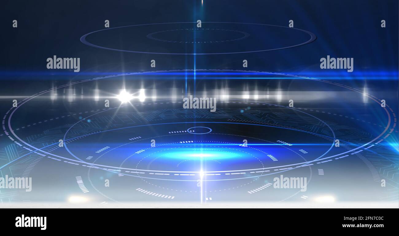 Composition of digital scope scanning on glowing blue background Stock ...
