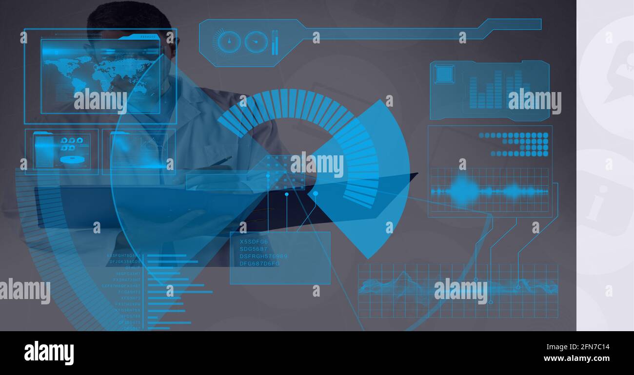 Digital interface with data processing over male doctor taking notes ...