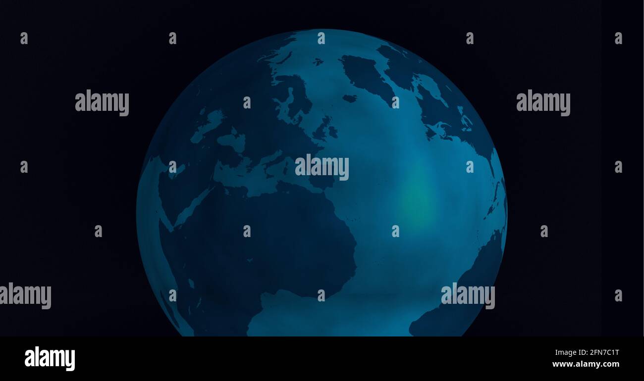 Digitally generated image of blue spot of light over globe against ...