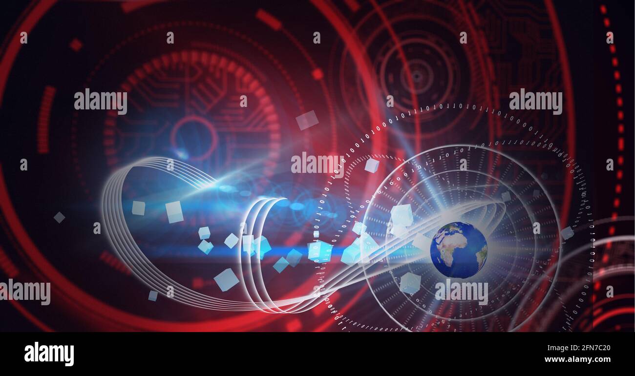 Blue microprocessor connections and round scanner over globe against ...