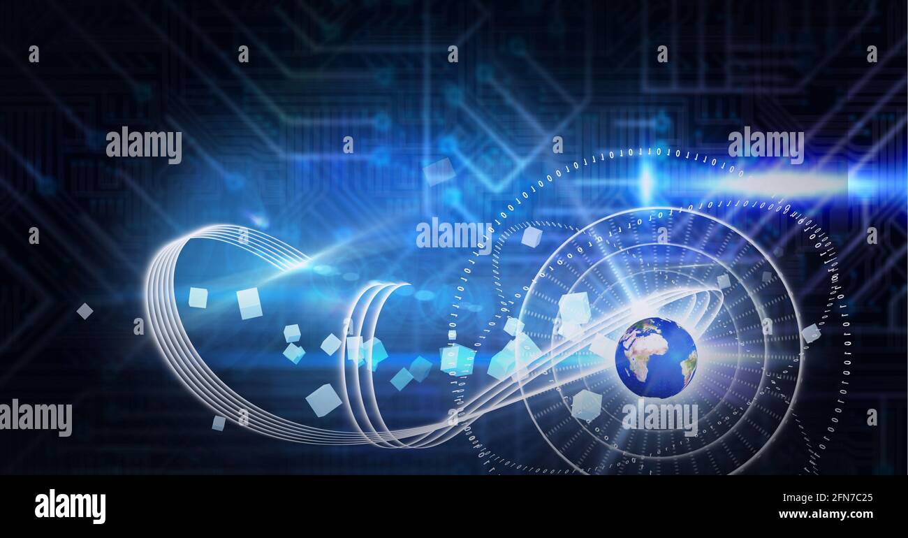 Blue microprocessor connections and round scanner over globe against ...