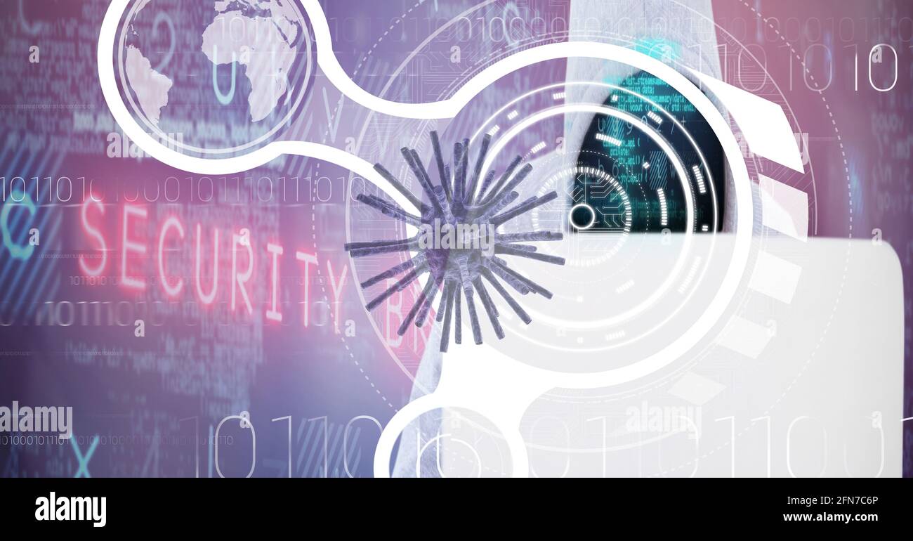 Composition of covid 19 virus cell and binary coding data processing over hacker using laptop ...