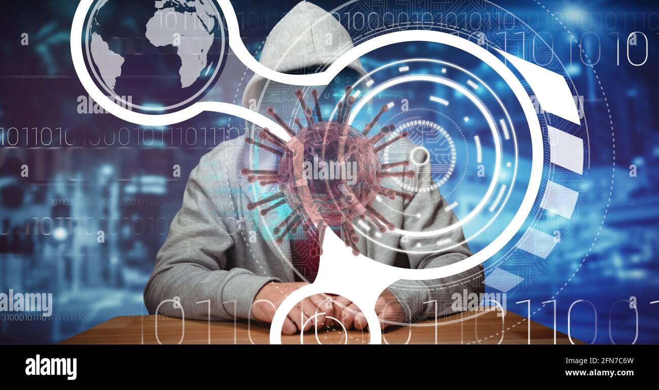 Composition of covid 19 virus cell and binary coding data processing over hacker in hoodie ...