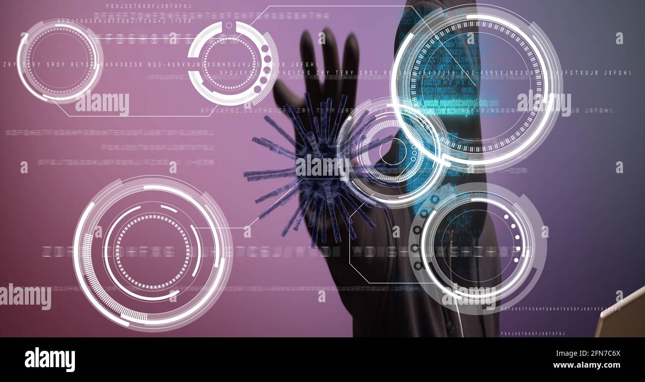 Composition of covid 19 virus cell, scope scanning and data processing over hacker. global virus ...