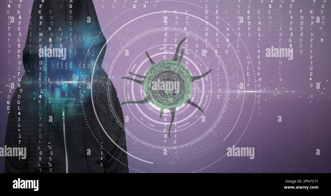 Composition of covid 19 virus cell and binary coding data processing over hacker in hoodie ...