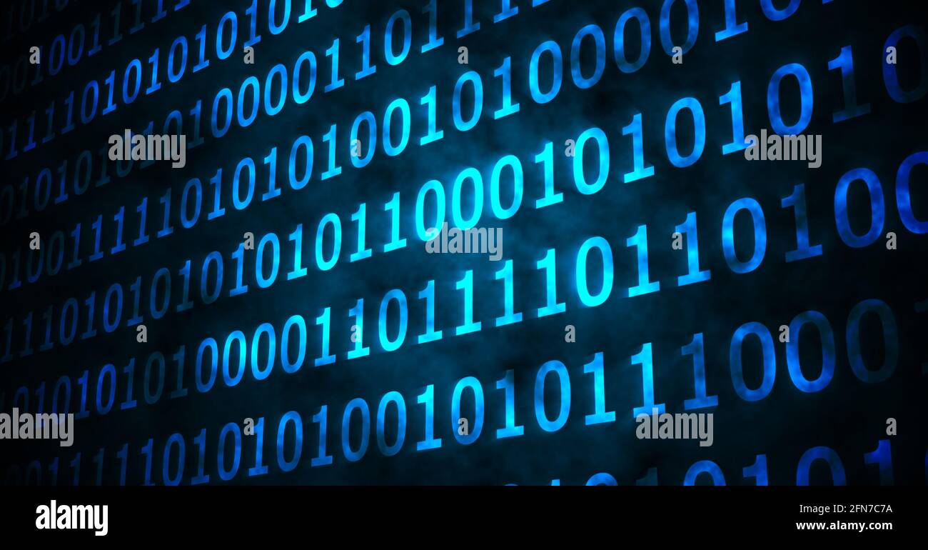 Composition of blue binary coding on black background Stock Photo - Alamy