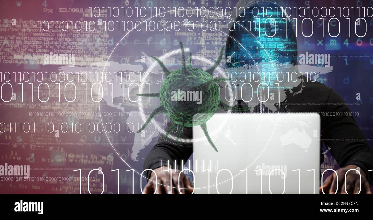 Composition of covid 19 virus cell and binary coding data processing over hacker using laptop ...