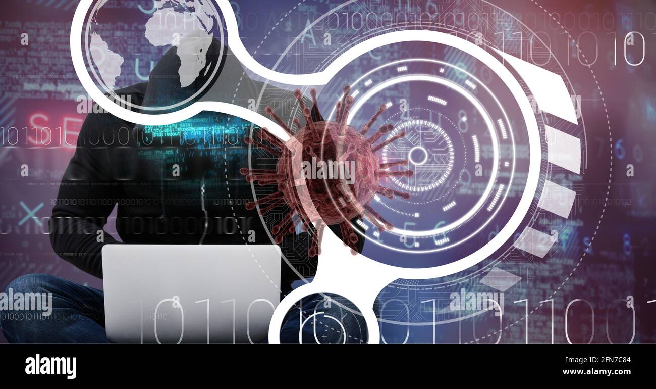 Composition of covid 19 virus cell and binary coding data processing over hacker using laptop ...