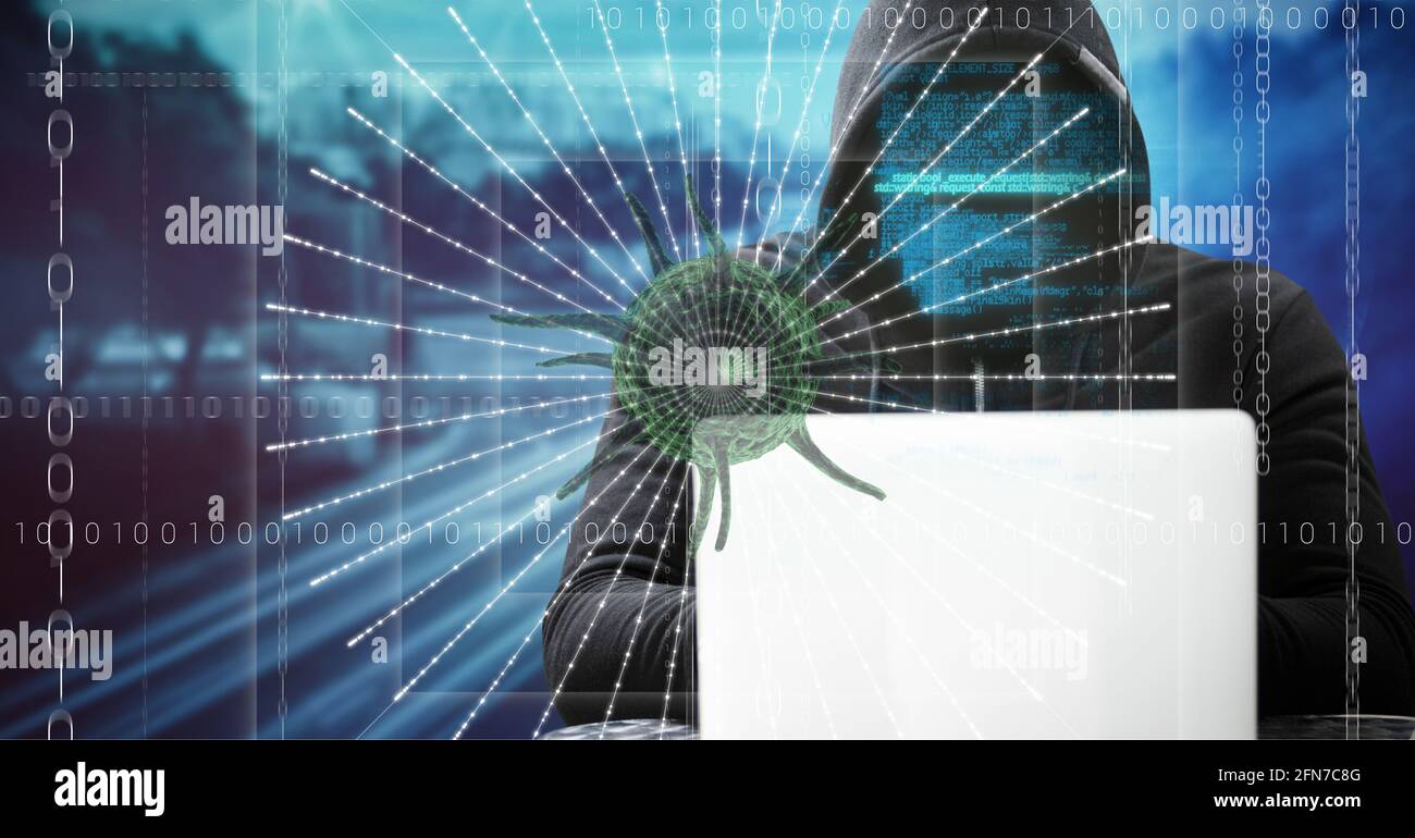 Composition of covid 19 virus cell and binary coding data processing over hacker using laptop ...