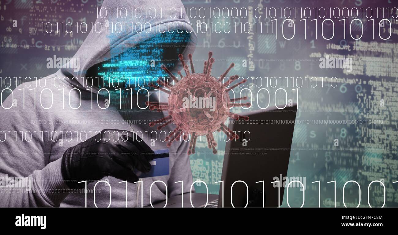 Composition of covid 19 virus cell and binary coding over hacker with credit card and laptop ...