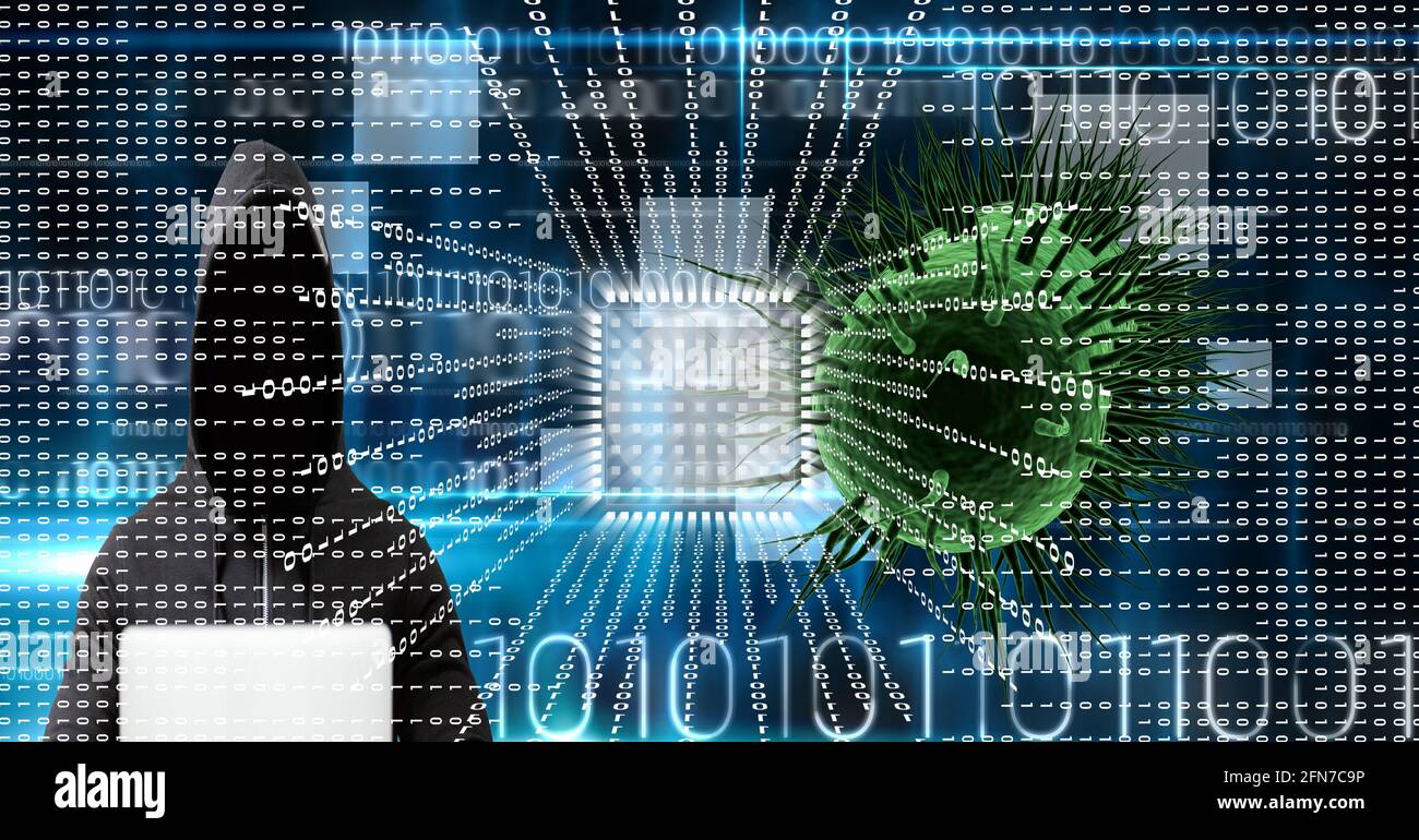 Composition of covid 19 cell virus over binary coding and hacker with ...