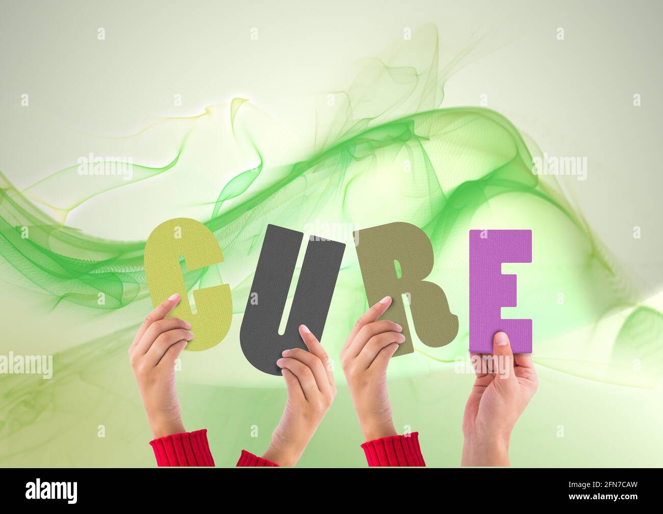 Composition of cure multi coloured letters held by people with green ...
