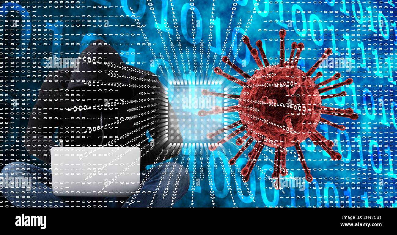 Composition of covid 19 cell virus over binary coding and hacker with laptop Stock Photo - Alamy