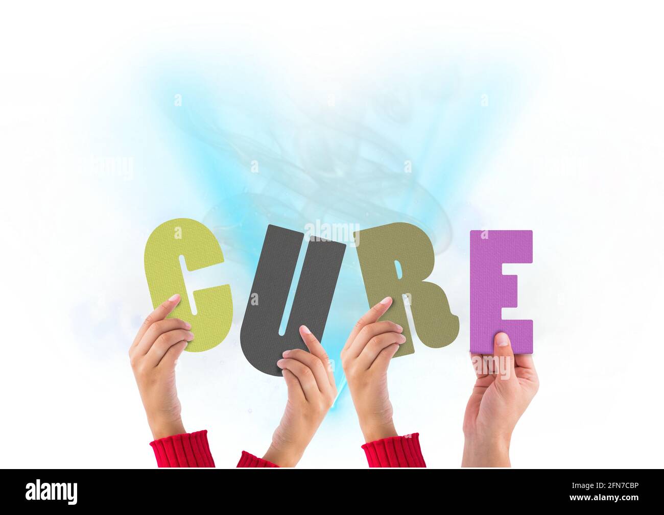 Composition of cure multi coloured letters held by people with blue ...