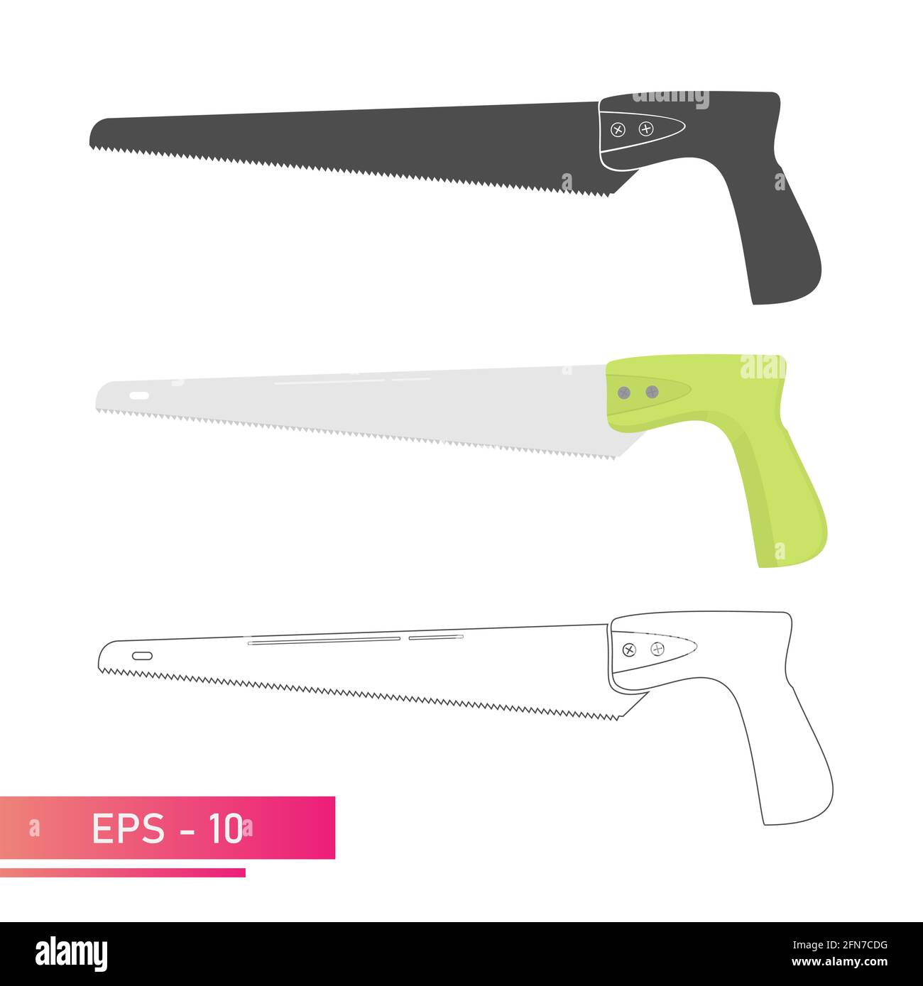 A set, a small handy saw for a carpenter. Linear, solid and realistic ...