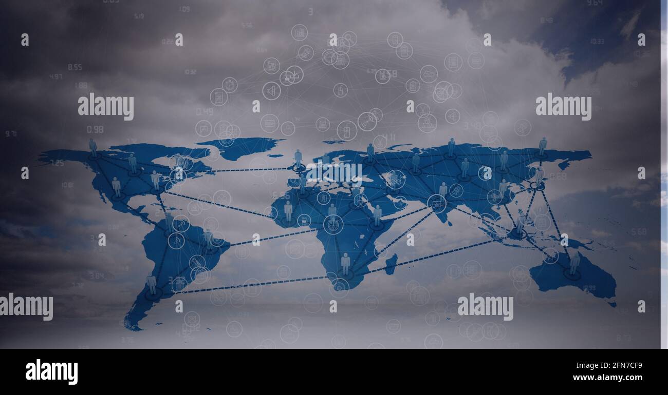 Network of connections over world map against clouds in blue sky Stock ...