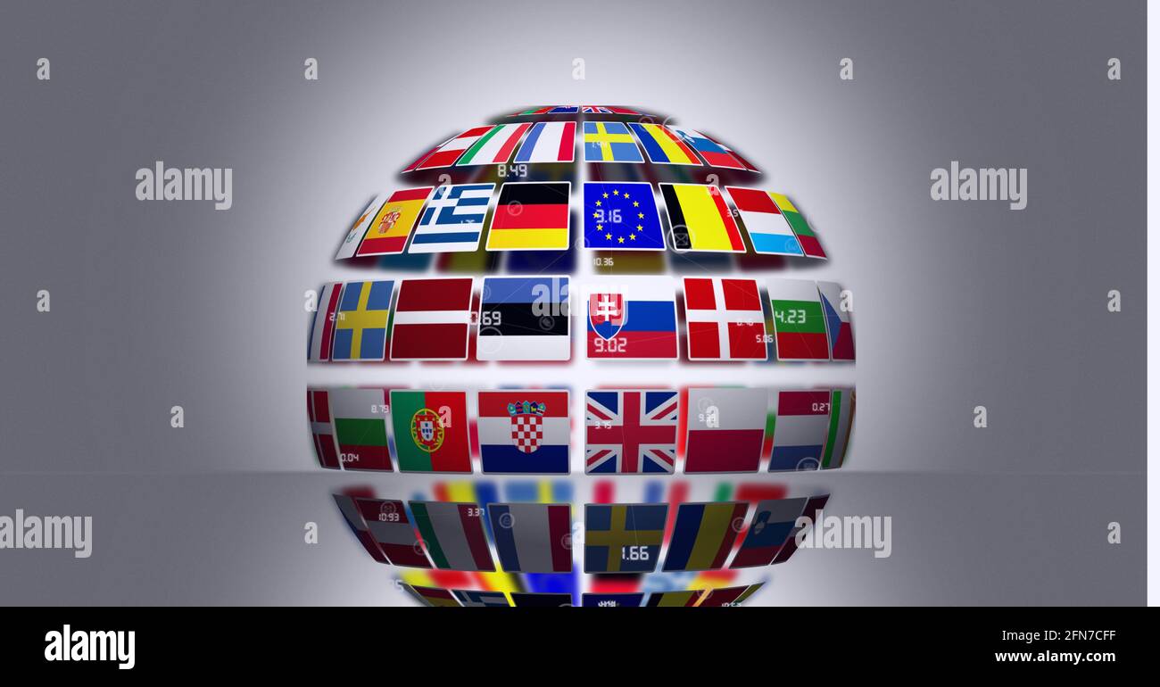 Globe made of different european union countries flags against grey ...