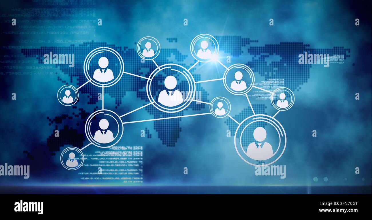 Network of multiple profile icons and data processing over world map ...