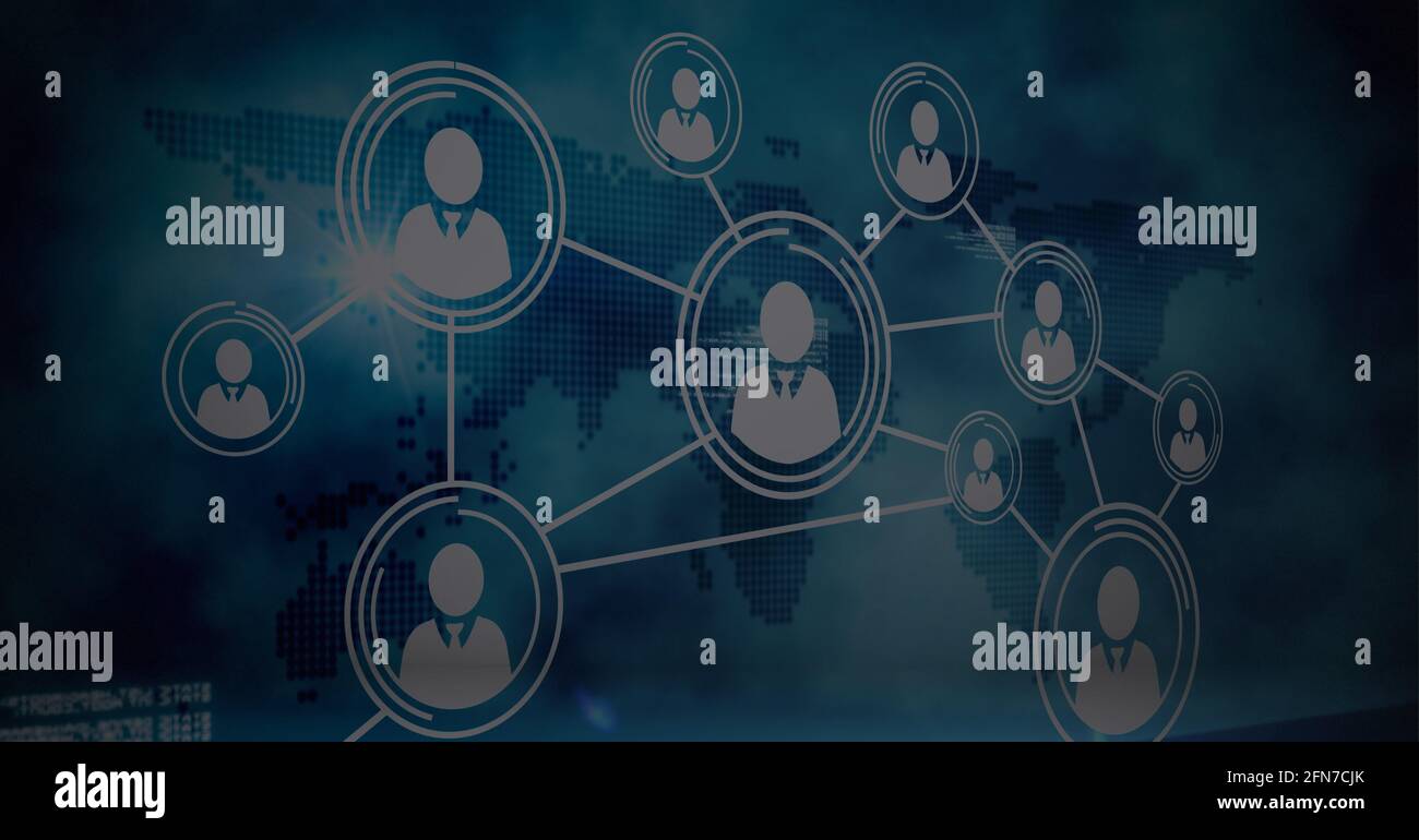 Network of multiple profile icons and data processing over world map ...