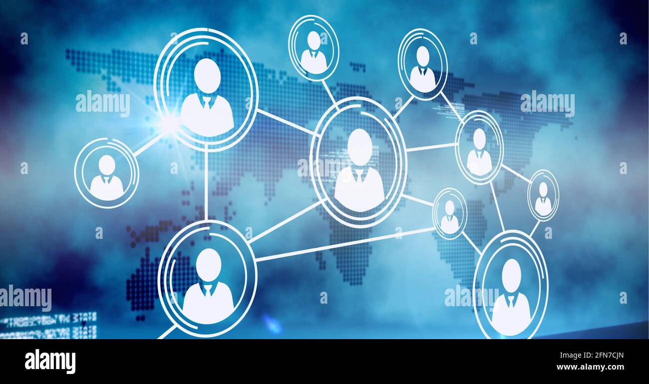 Network of multiple profile icons and data processing over world map ...