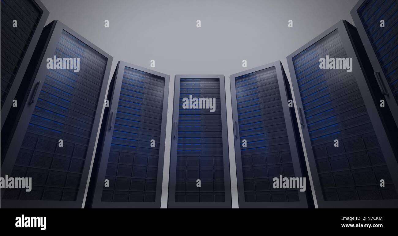 Composition of row of blue lit computer servers Stock Photo - Alamy