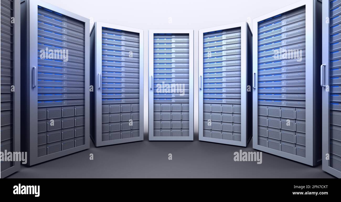 Composition of row of blue lit computer servers Stock Photo - Alamy
