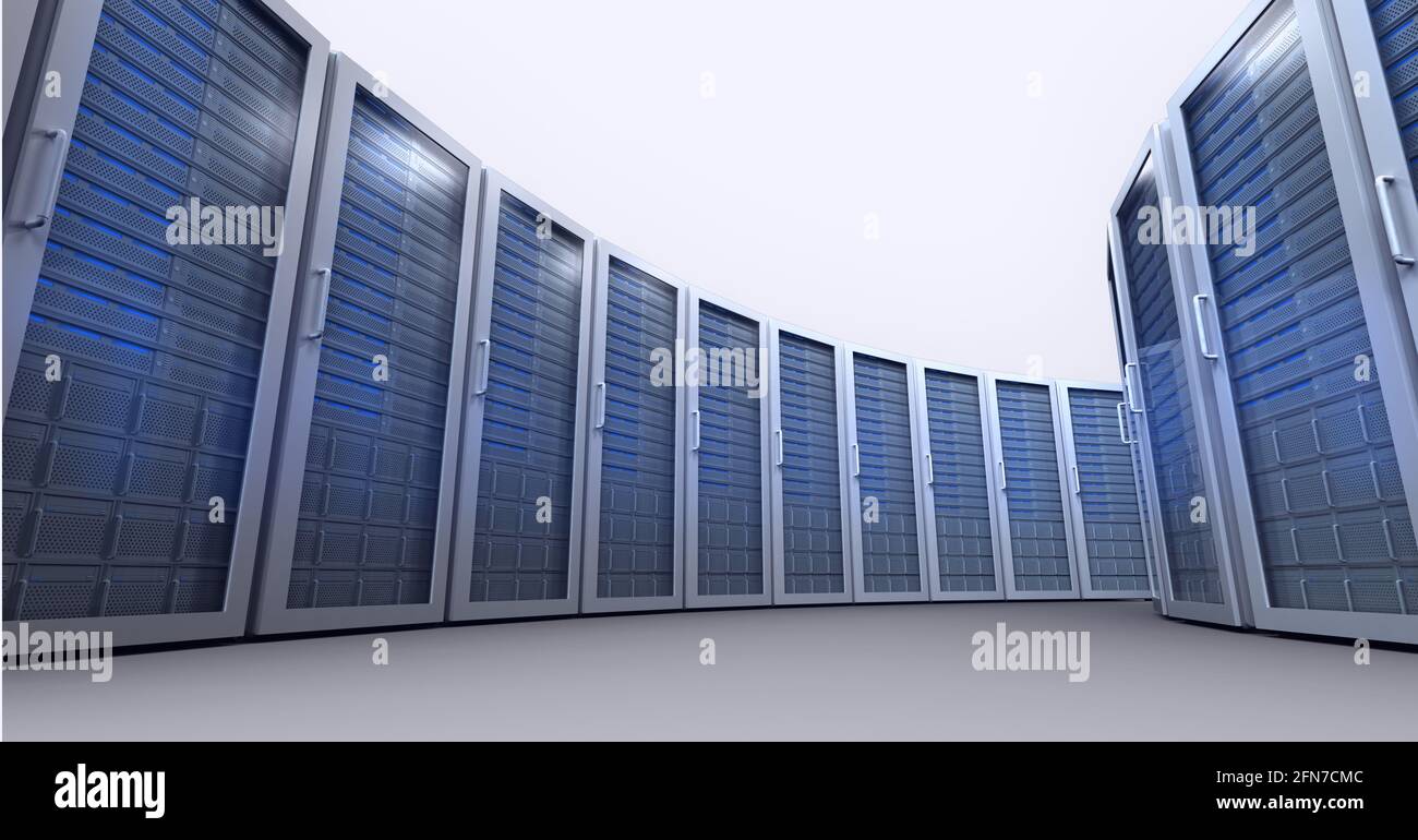 Composition of rows of blue lit computer servers Stock Photo - Alamy