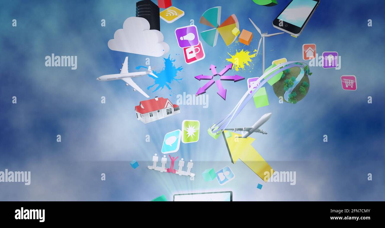 Composition of digital icons and people silhouettes over laptop on ...