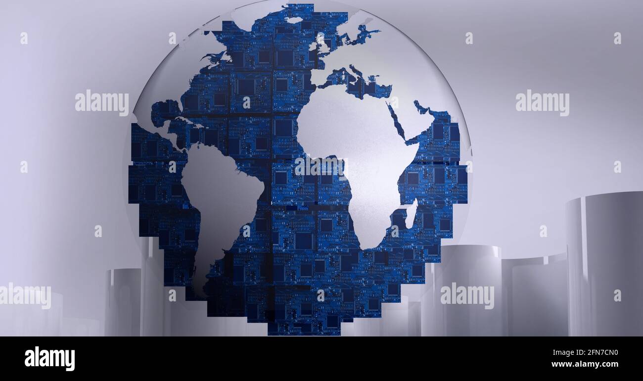 Composition of globe formed with computer circuit boards and white ...