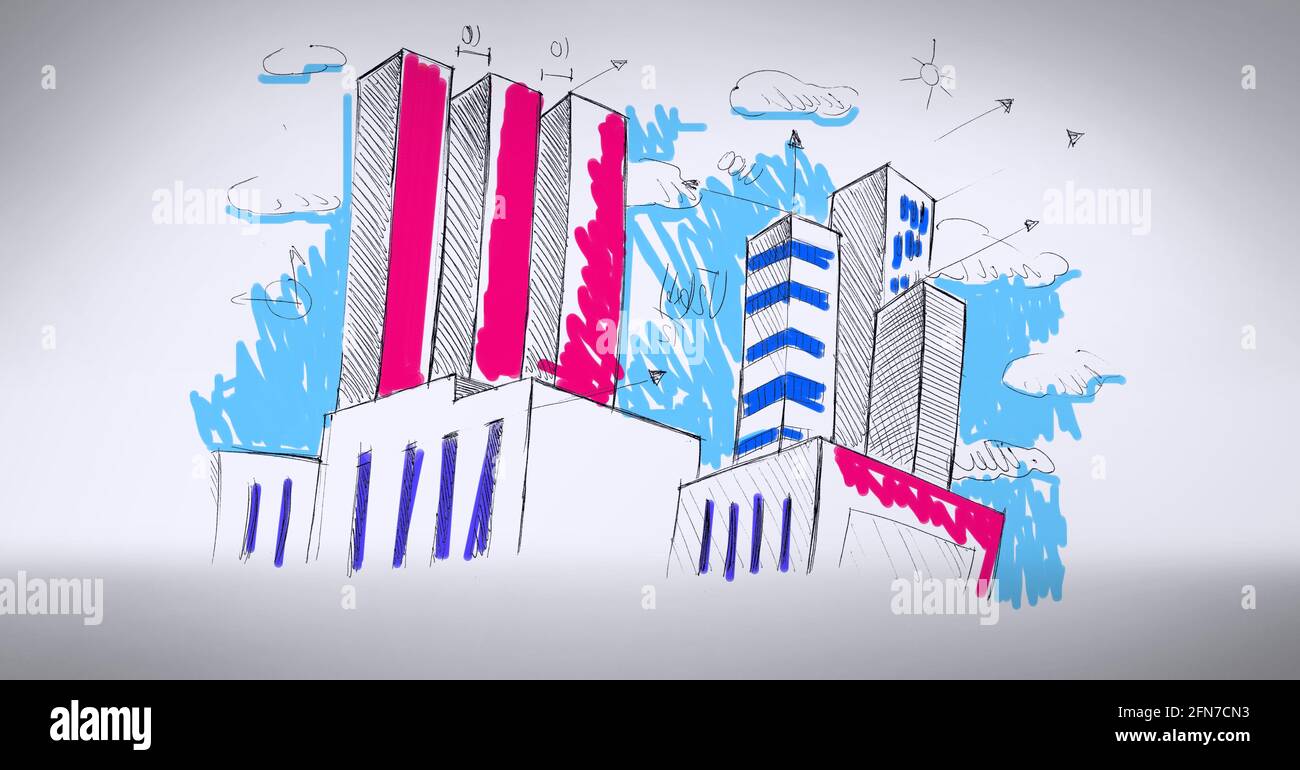 Composition of illustration of cityscape on white background Stock ...