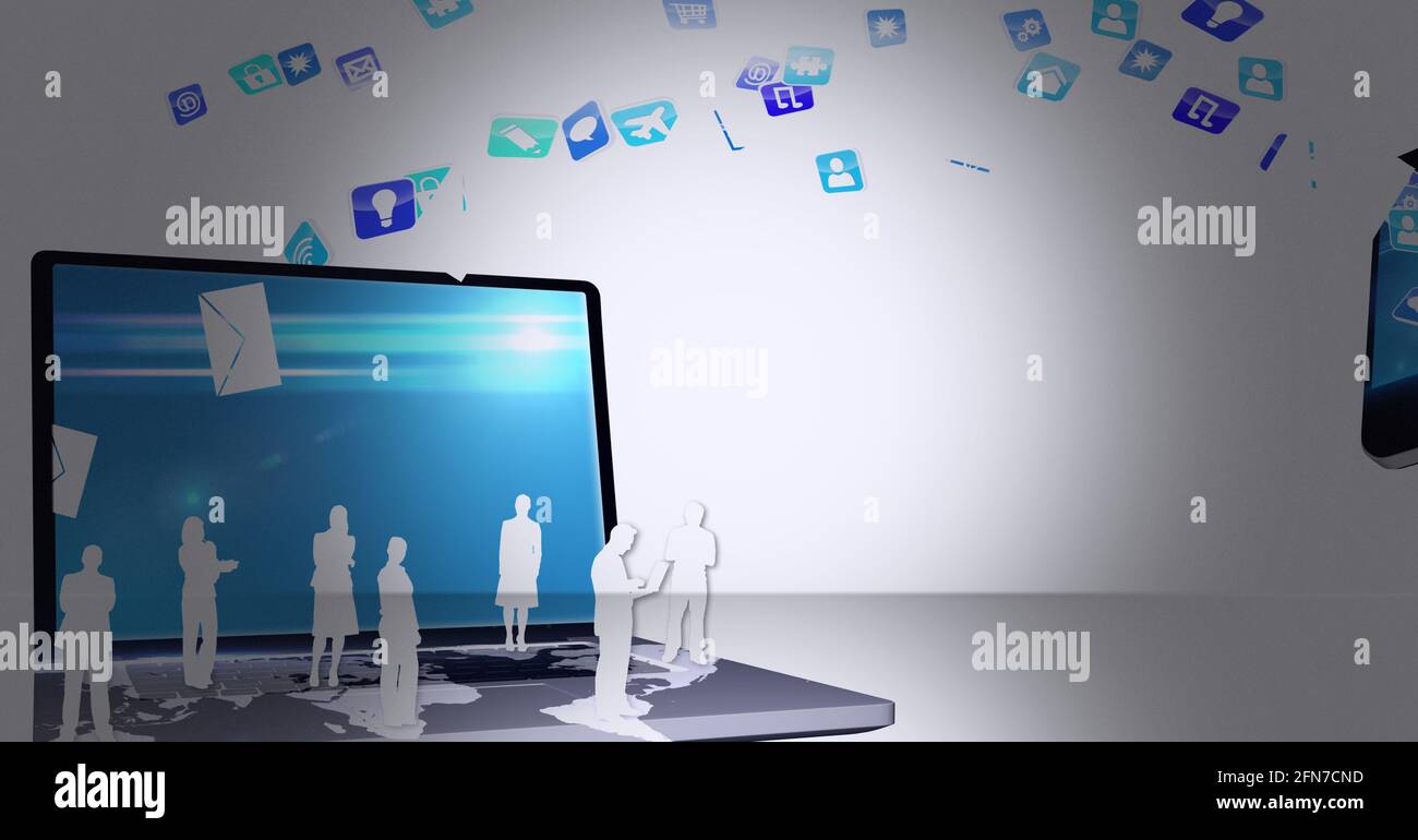 Composition of digital icons and people silhouettes over laptop on ...
