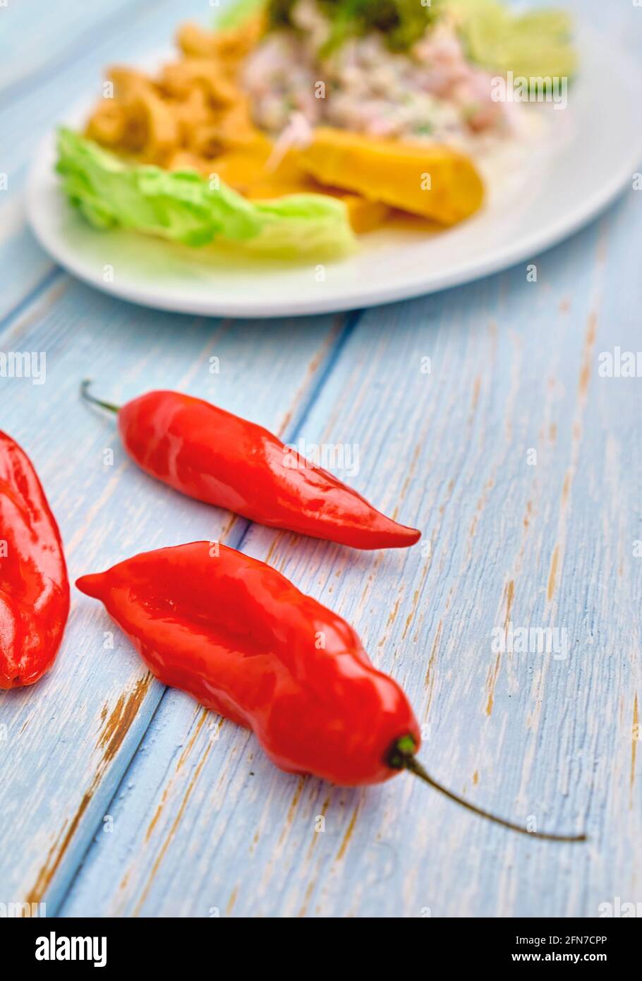 Peruvian food: fish ceviche and chicharron de pescado with fried ...
