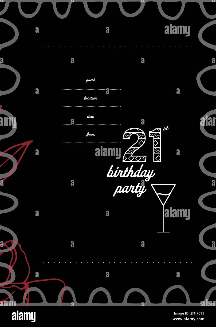 Composition of 21st birthday party text with copy space and red leaf ...