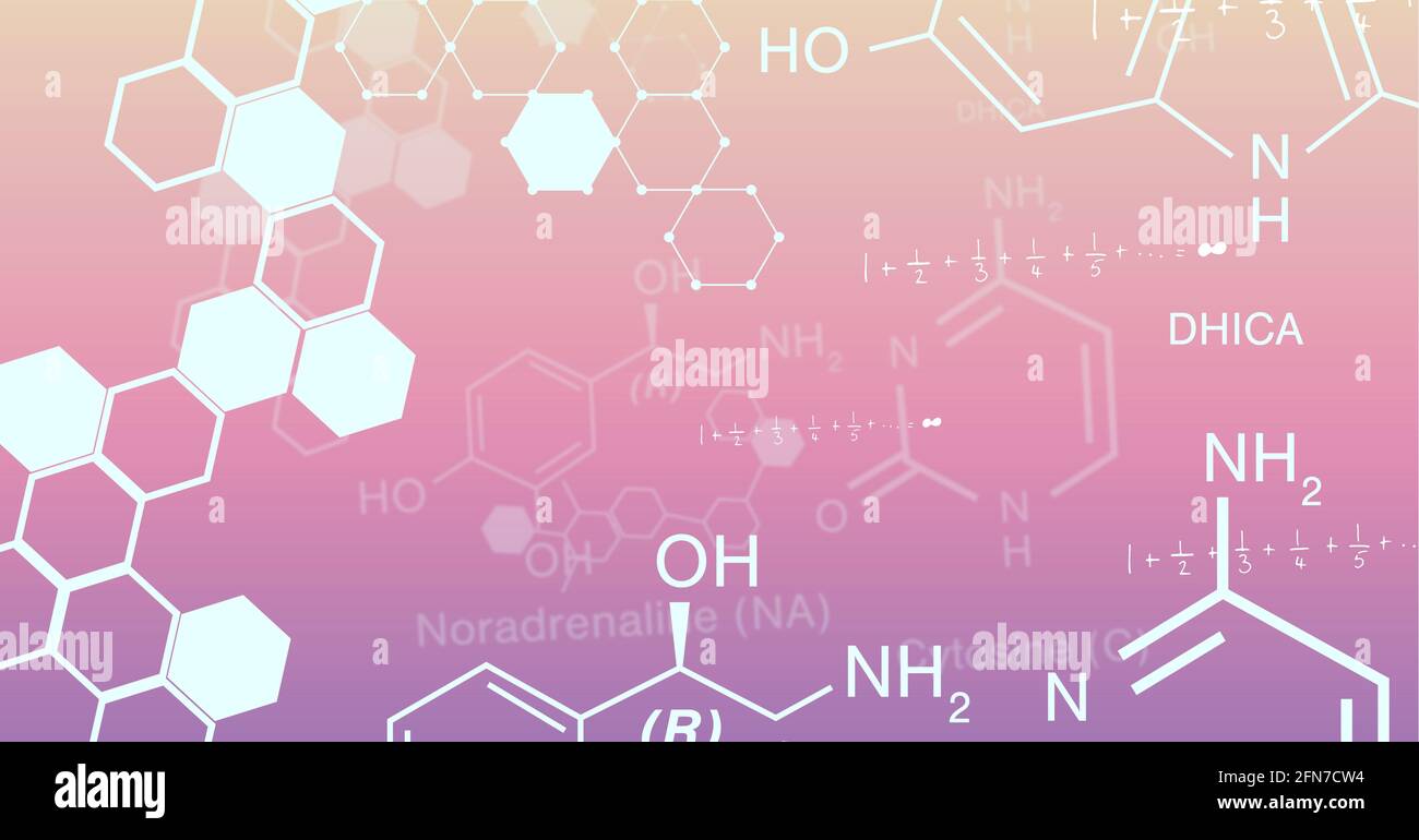 Composition of white chemical compounds structures on yellow to orange ...