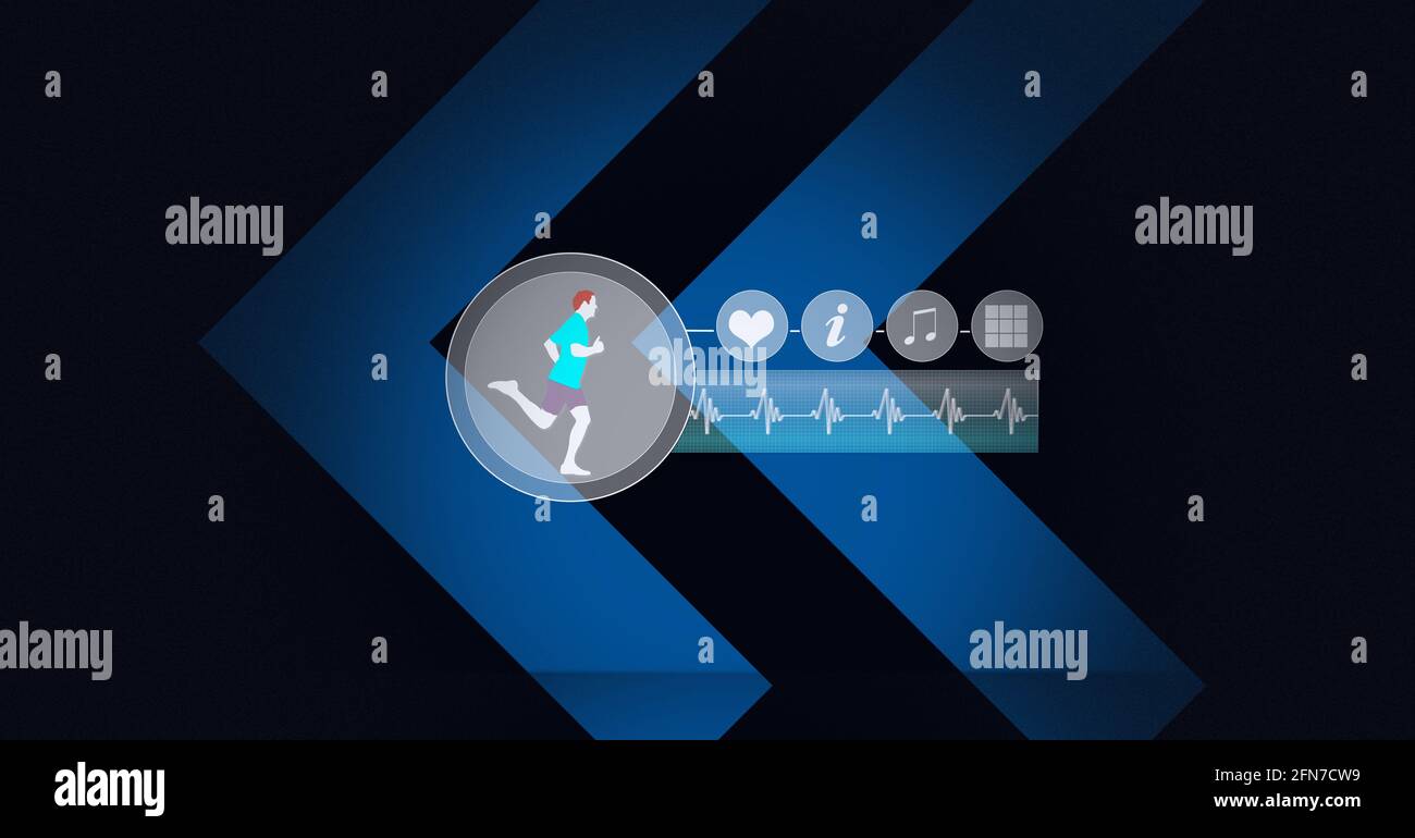 Composition of sports icons with data processing and blue arrows on ...