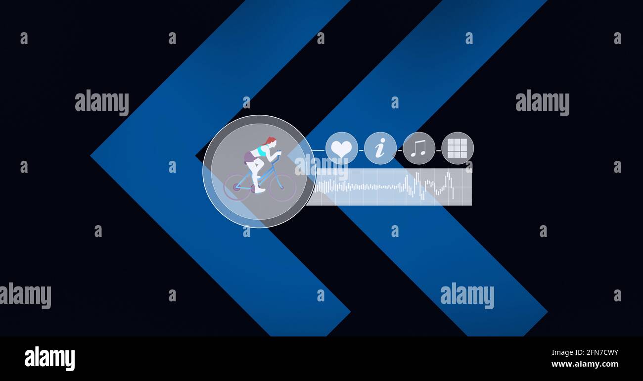 Composition of sports icons with data processing and blue arrows on ...