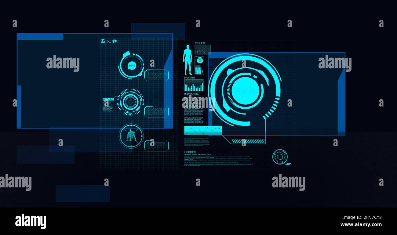 Composition of medical icons with scope scanning on screens on black ...