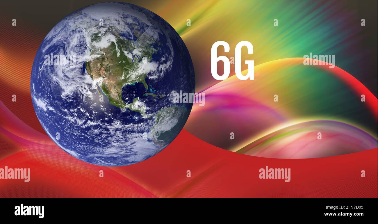 Composition of 6g text with plane earth and glowing light trails of ...