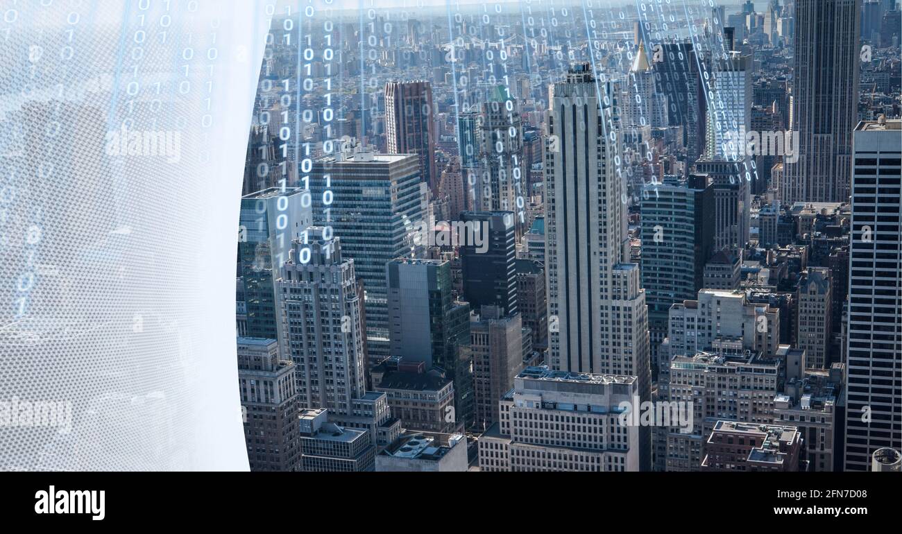 Composition of binary coding with white curved banner over cityscape Stock Photo - Alamy